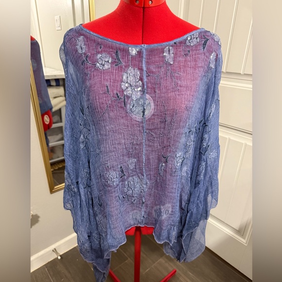 Reba | Tops | Reba Sheer Blue Top With Floral Embroidery Sequins ...